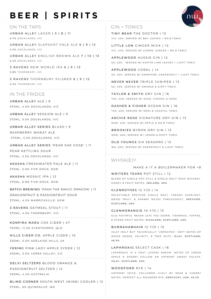 Dine-in Menus - Northside-Wines