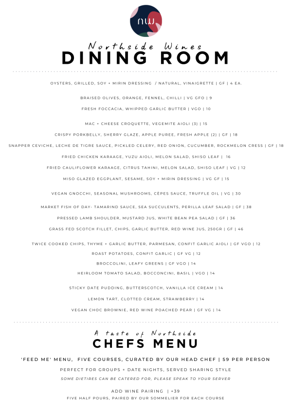 Dining Room Menu - Northside-Wines